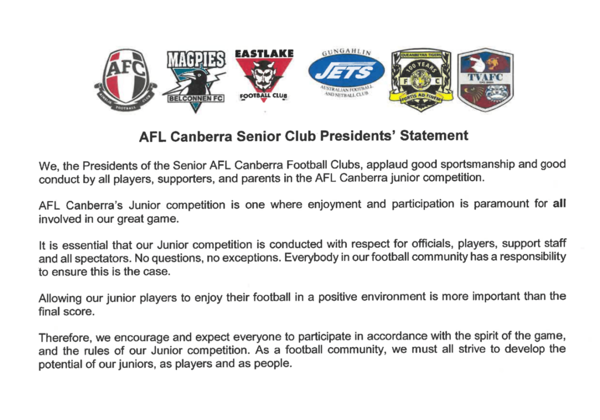AFL Canberra Senior Club Presidents' Statement - Ainslie Football Club ...